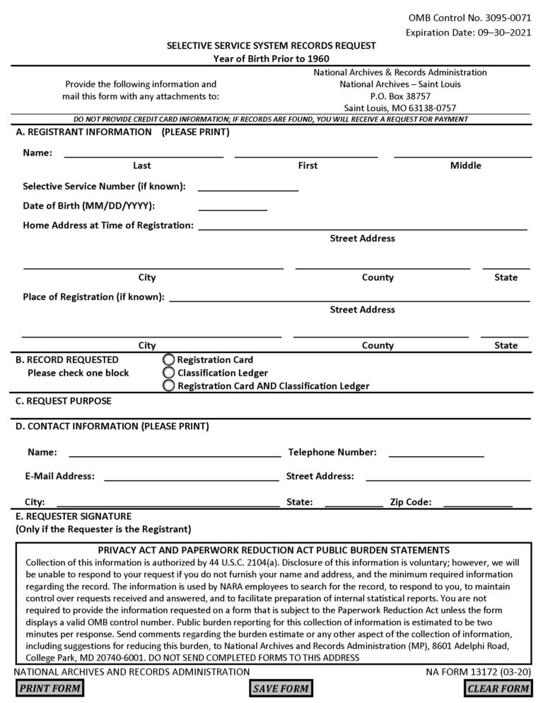 Printable Forms : Selective Service System